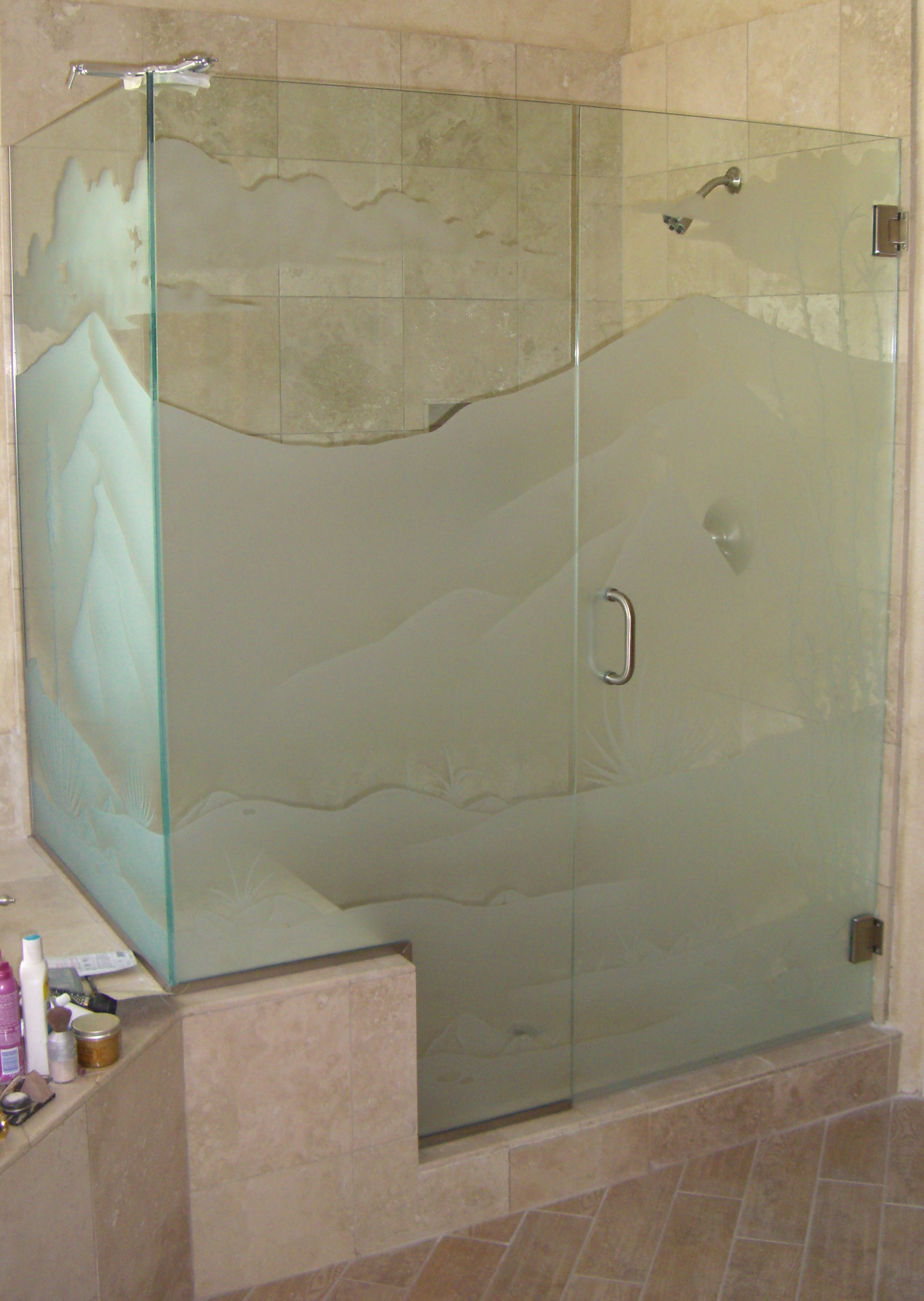 Frosted Glass Shower Enclosure - Mountains Ocotillo - 2D Shaded - Sans ...